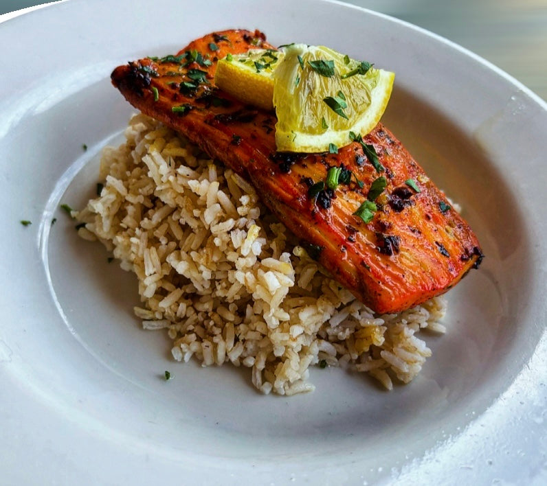 Saxon Salmon with Coconut Jasmine Rice & Garlic Sauce Green Beans – The ...